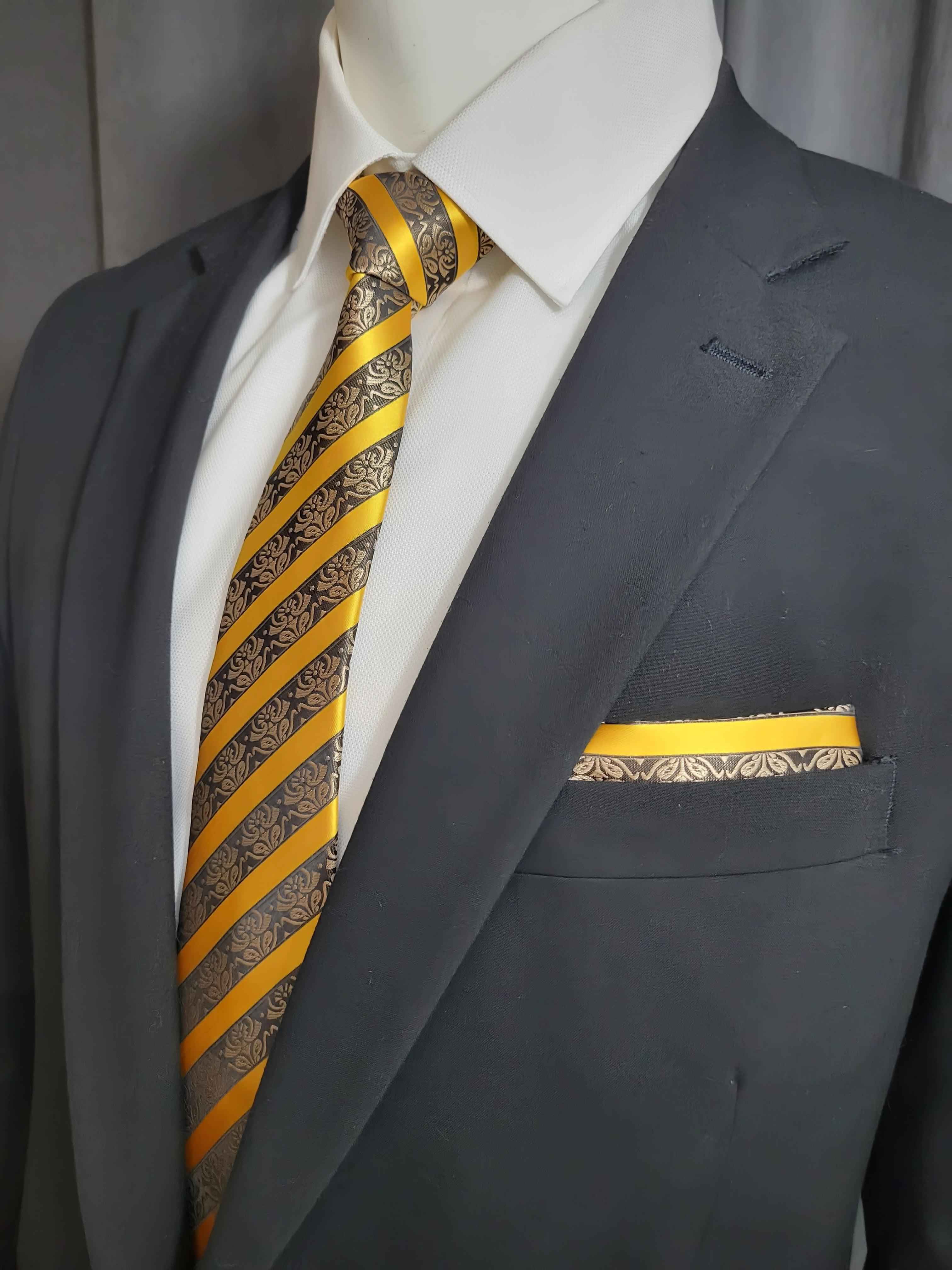 Black and Gold Diagonal Necktie and Pocket Square Set