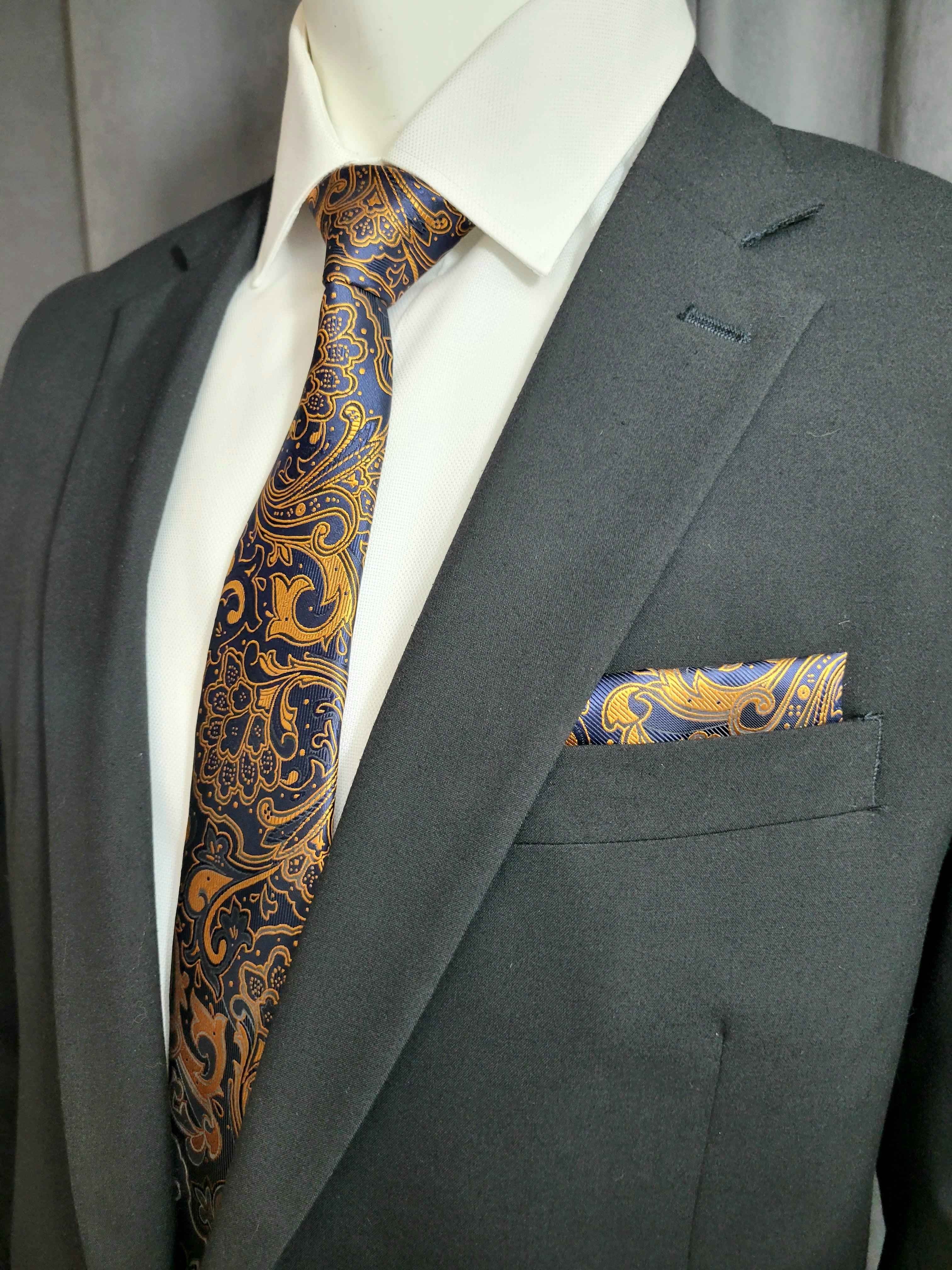 Blue and Copper Paisley Necktie and Pocket Square Set
